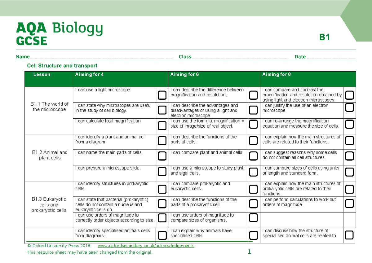 B1 Cell Structure and Transport Lesson: Microscopes, Cells, and ...