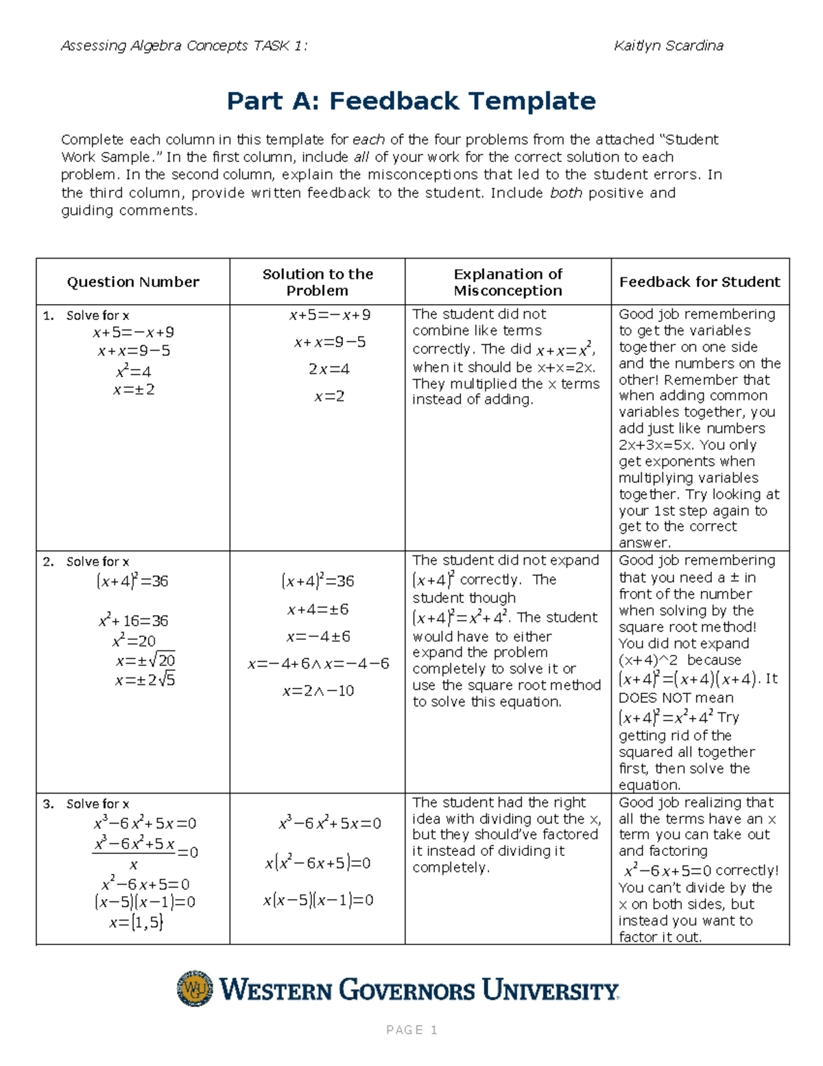 TASK 1: Algebra Concepts Assessment & Student Feedback Template - Studocu