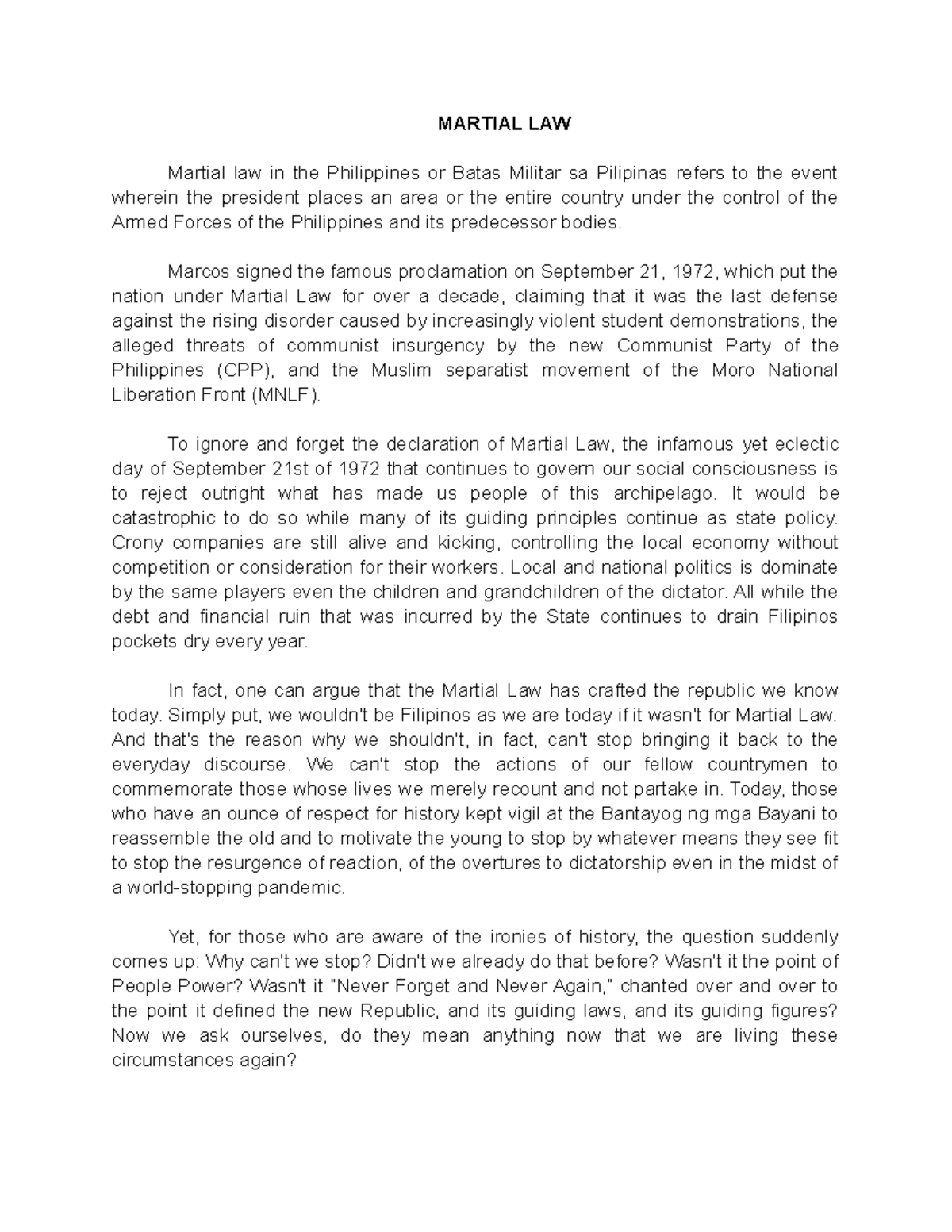 Activity 2 Samoy, Princess Mariz R - MARTIAL LAW Martial law in the ...