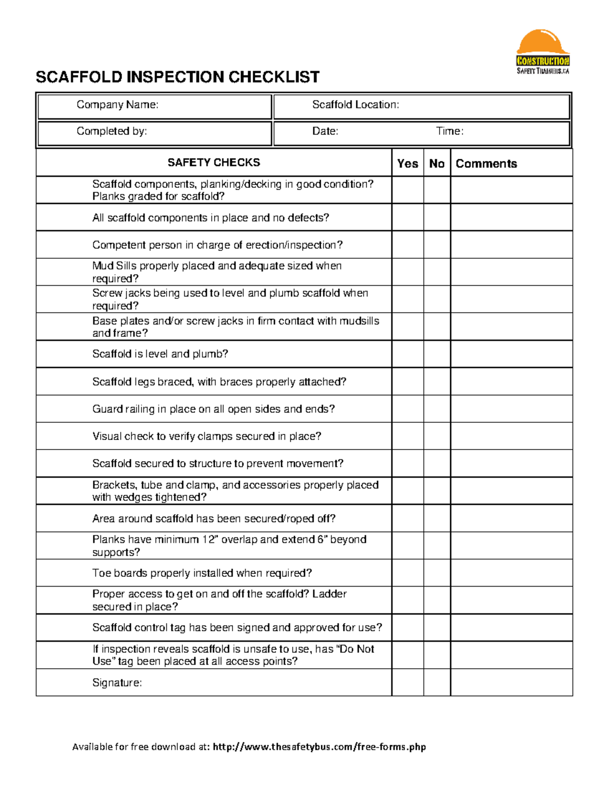 WAH Scaffold Inspection Sheet: Safety Checklist & Compliance Guide ...