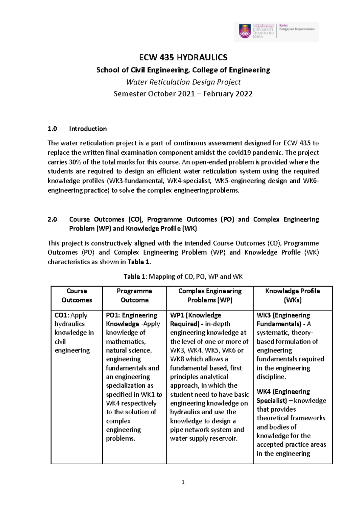Item 1 Water Reticulation Design Project Outline - Hydraulics - UiTM ...