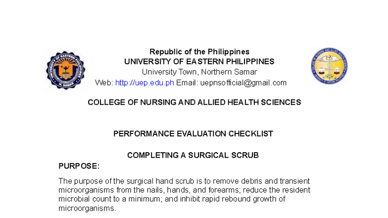 Performance Evaluation Checklist: Surgical Scrub & Gloving Techniques ...