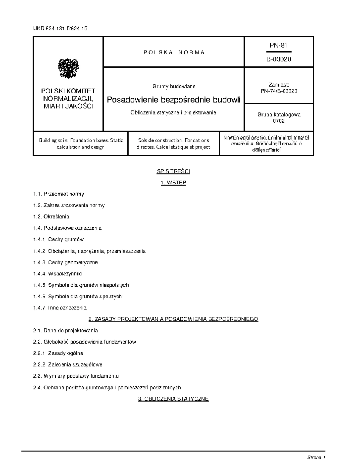 PN-81 B-03020 - Posadowienie bezpośrednie budowli - Budownictwo - Studocu