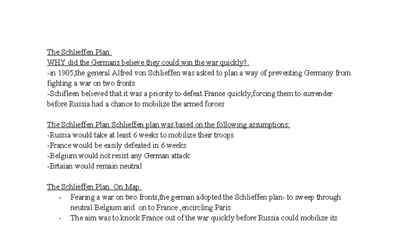 The Schlieffen Plan: Key Notes on Germany's Strategy in WWI - Studocu