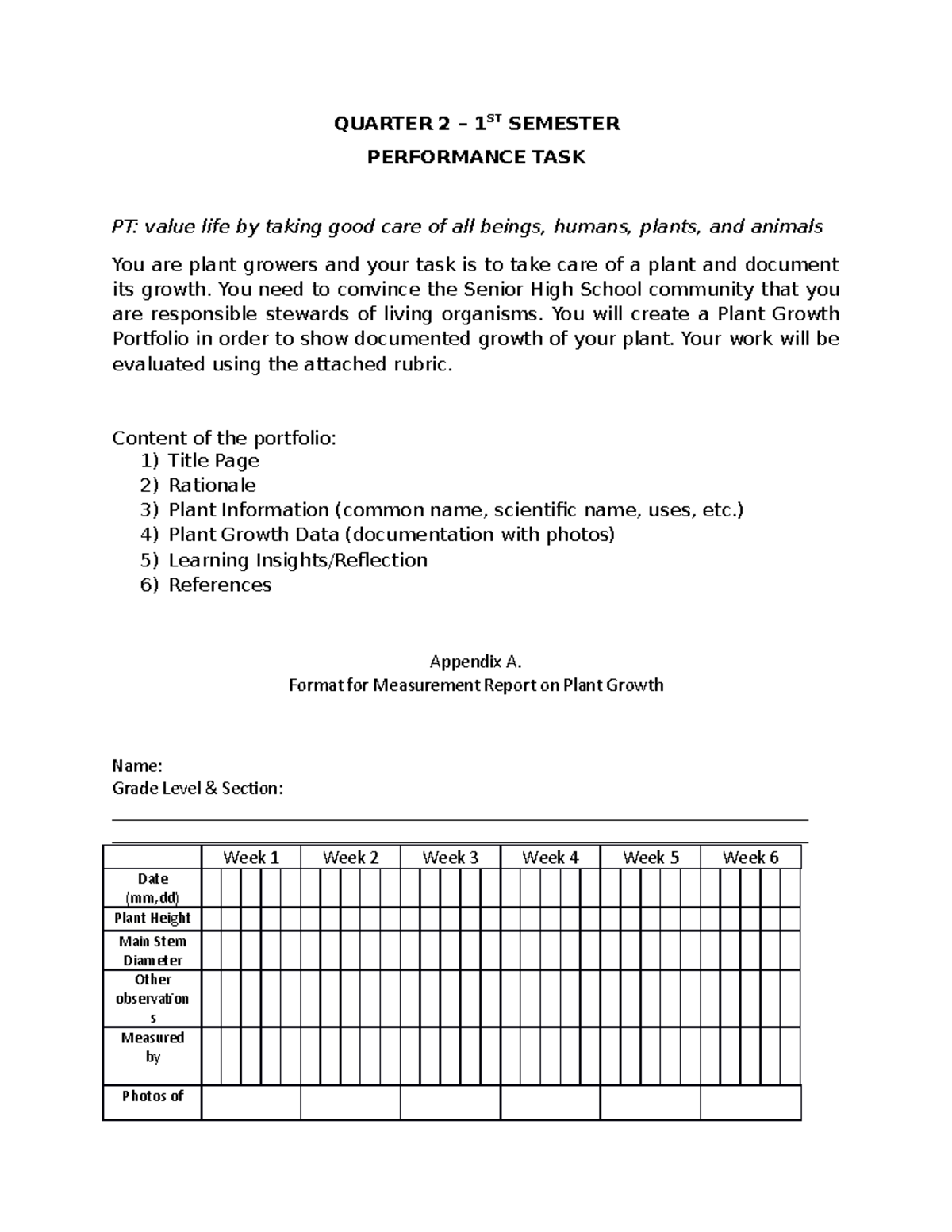 Quarter 2 ELS PT: Plant Growth Portfolio Guidelines and Criteria - Studocu