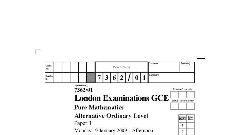 2009 Jan GCE Pure Mathematics O Level Paper 1 Question Paper - Studocu