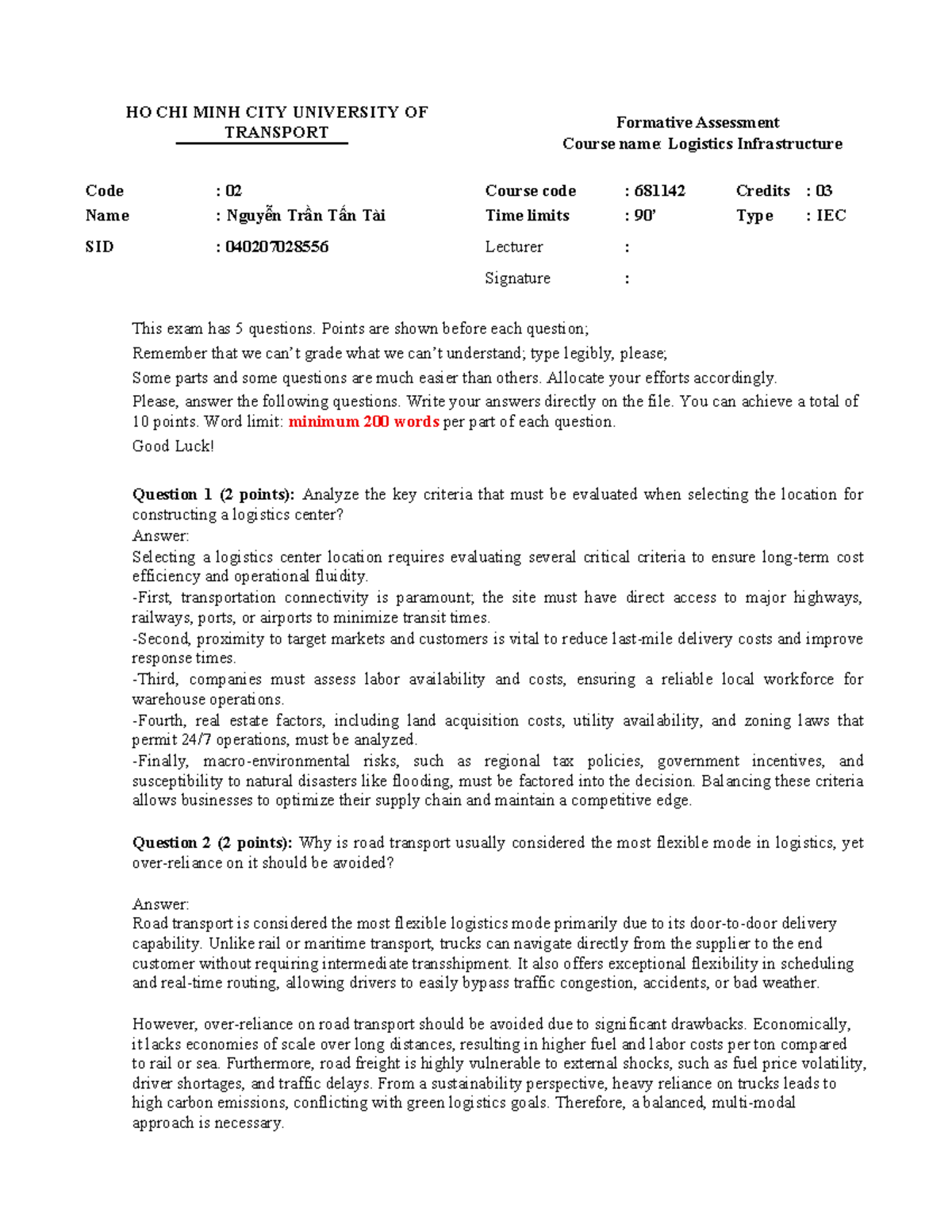 Final Exam: Logistics Infrastructure (Course Code: 681142) - Studocu