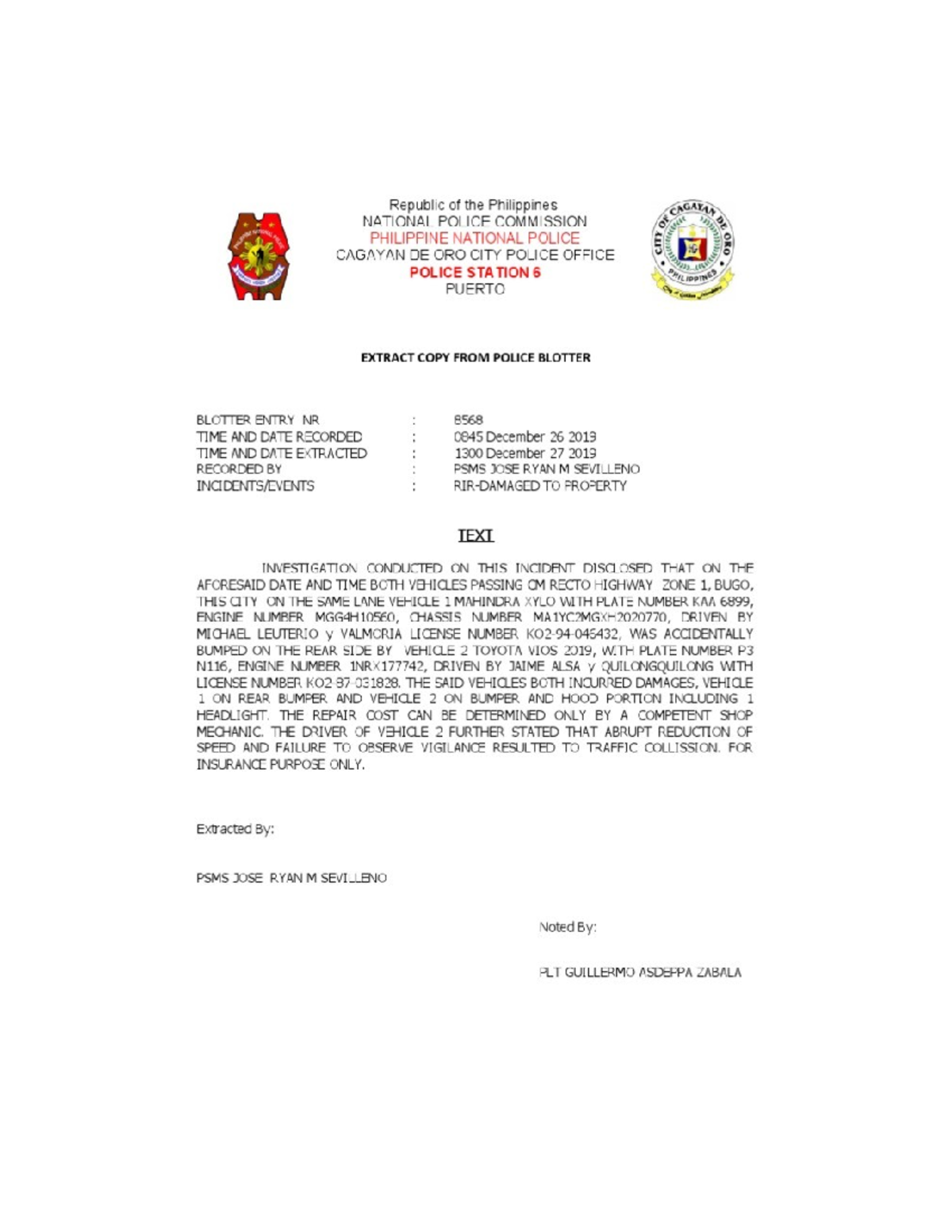 Police Blotter Extract: Traffic Collision Report - Cagayan de Oro City ...