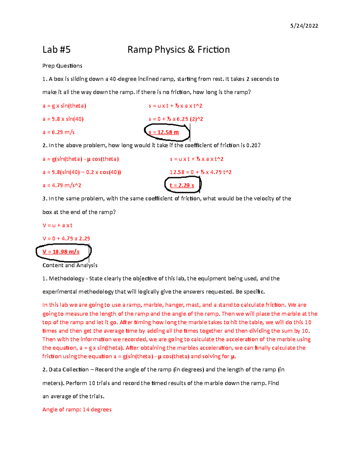 Lab 5 - Lab 1 - 5/24/ Lab #5 Ramp Physics & Friction Prep Questions A ...