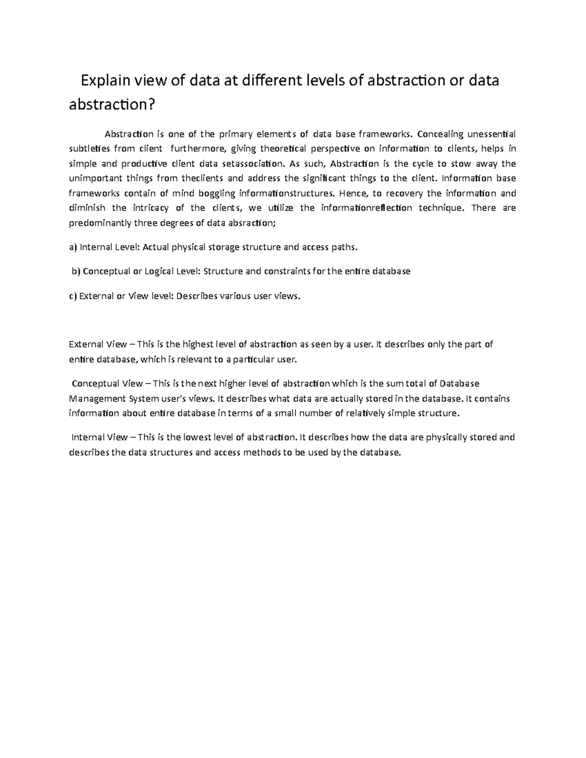 Data Abstraction Levels: Internal, Conceptual, and External Views - Studocu