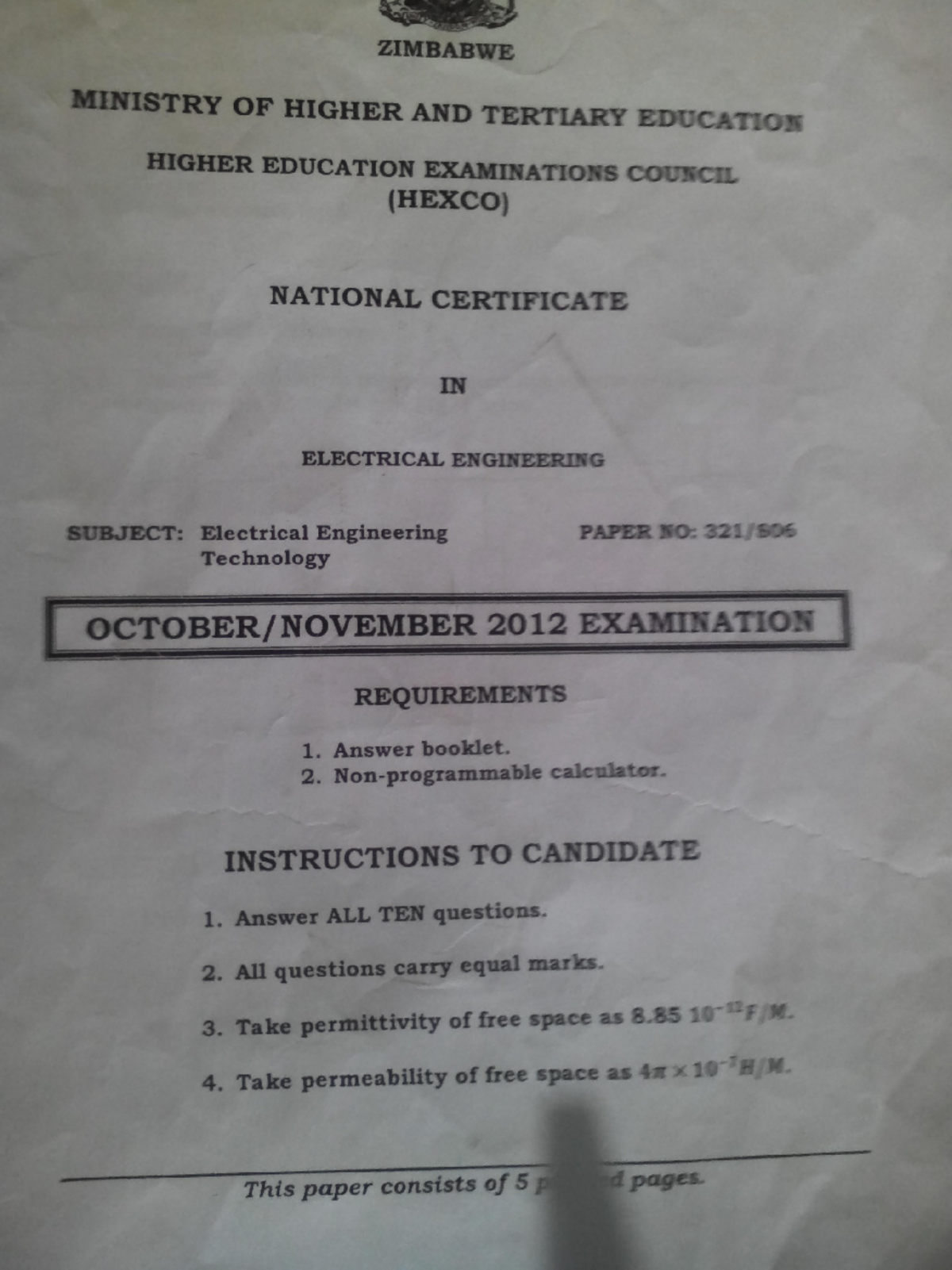 EET 2012 Electrical Engineering Technology Exam Questions & Answers ...