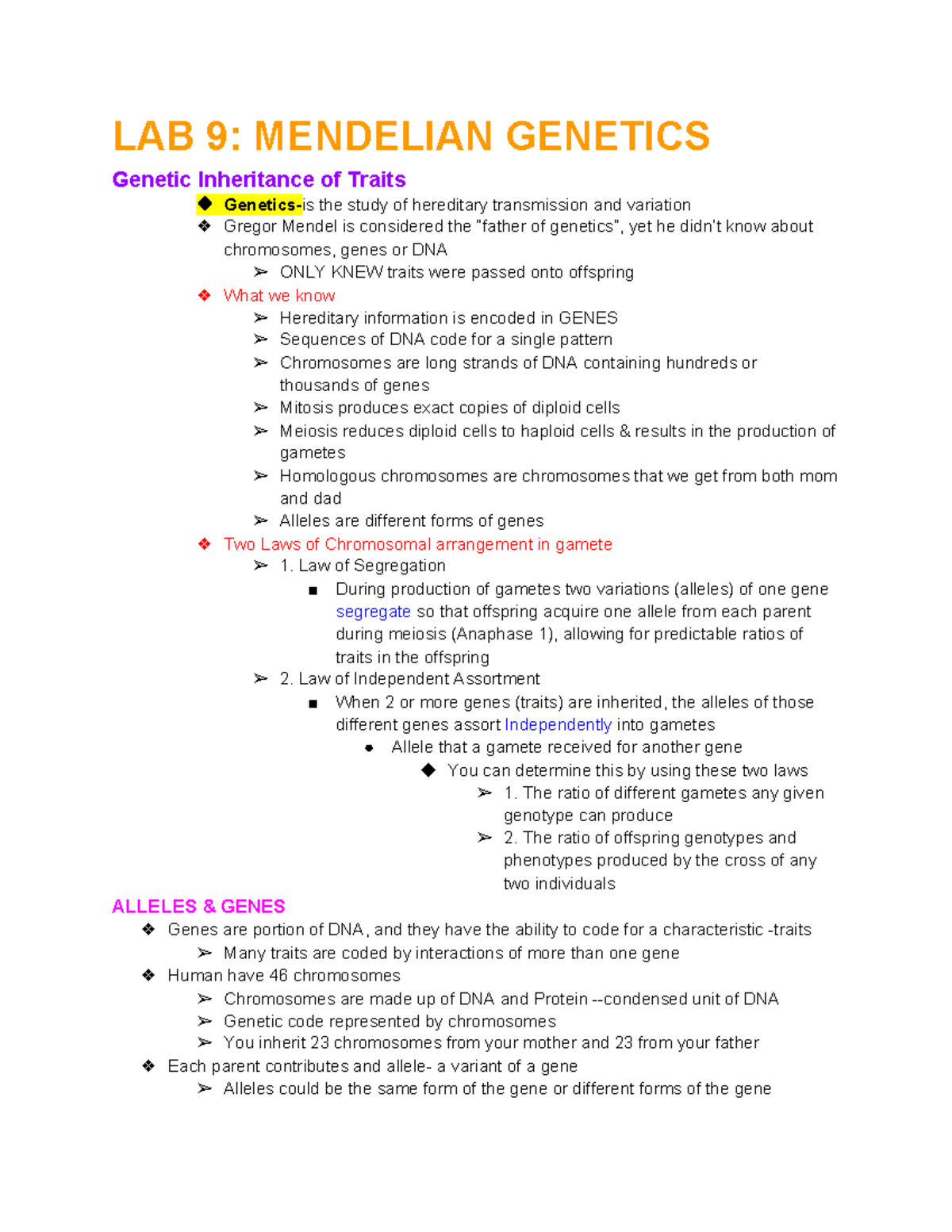 Biology Lab 1000- LAB 9 Mendelian Genetics - LAB 9: MENDELIAN GENETICS ...