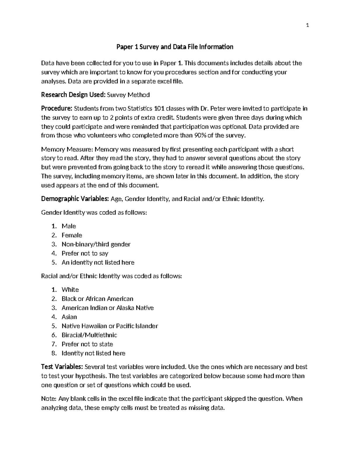 Paper 1 Survey & Data File Info: Memory Test & Analysis Details - Studocu