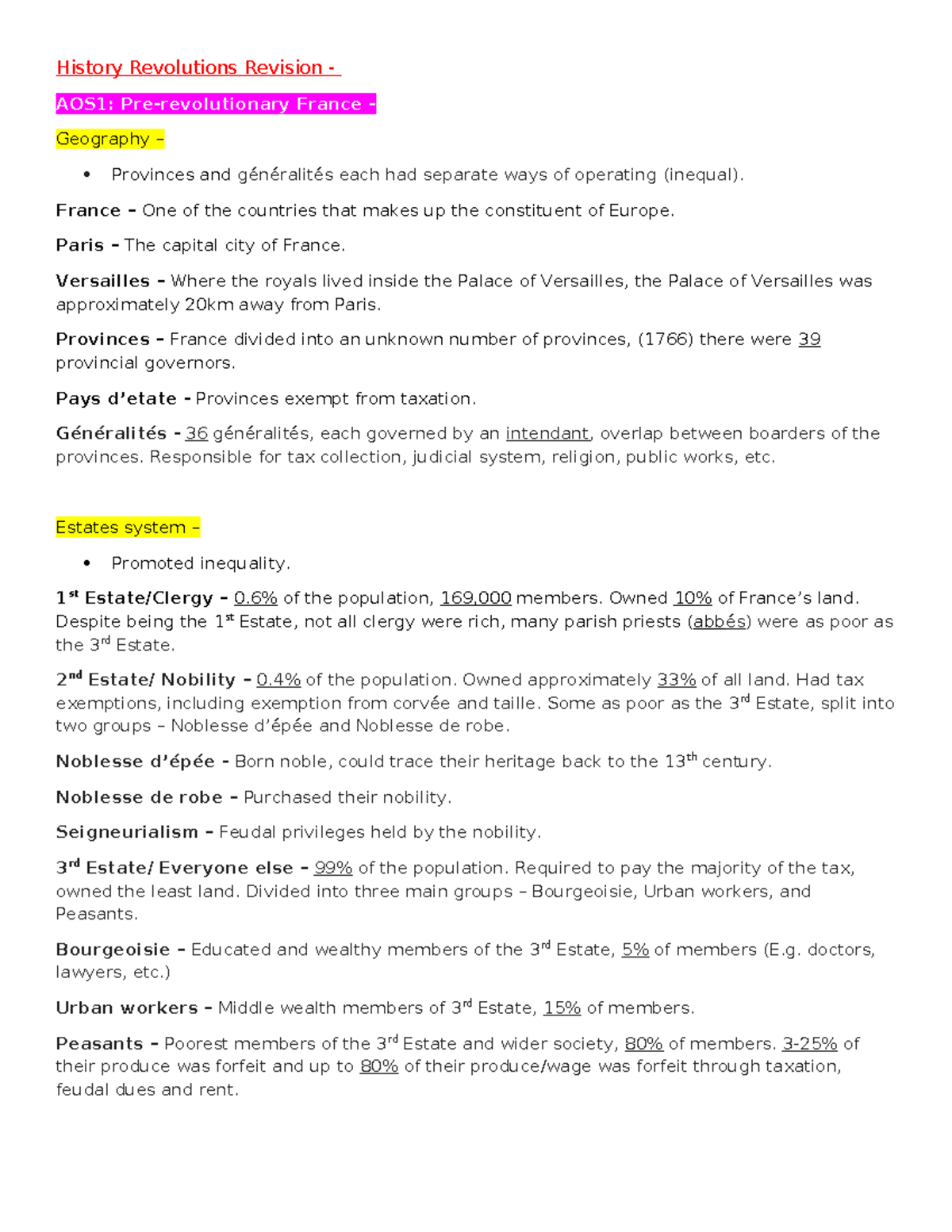 History Revolutions Revision AOS1: The French Estates and Enlightenment ...