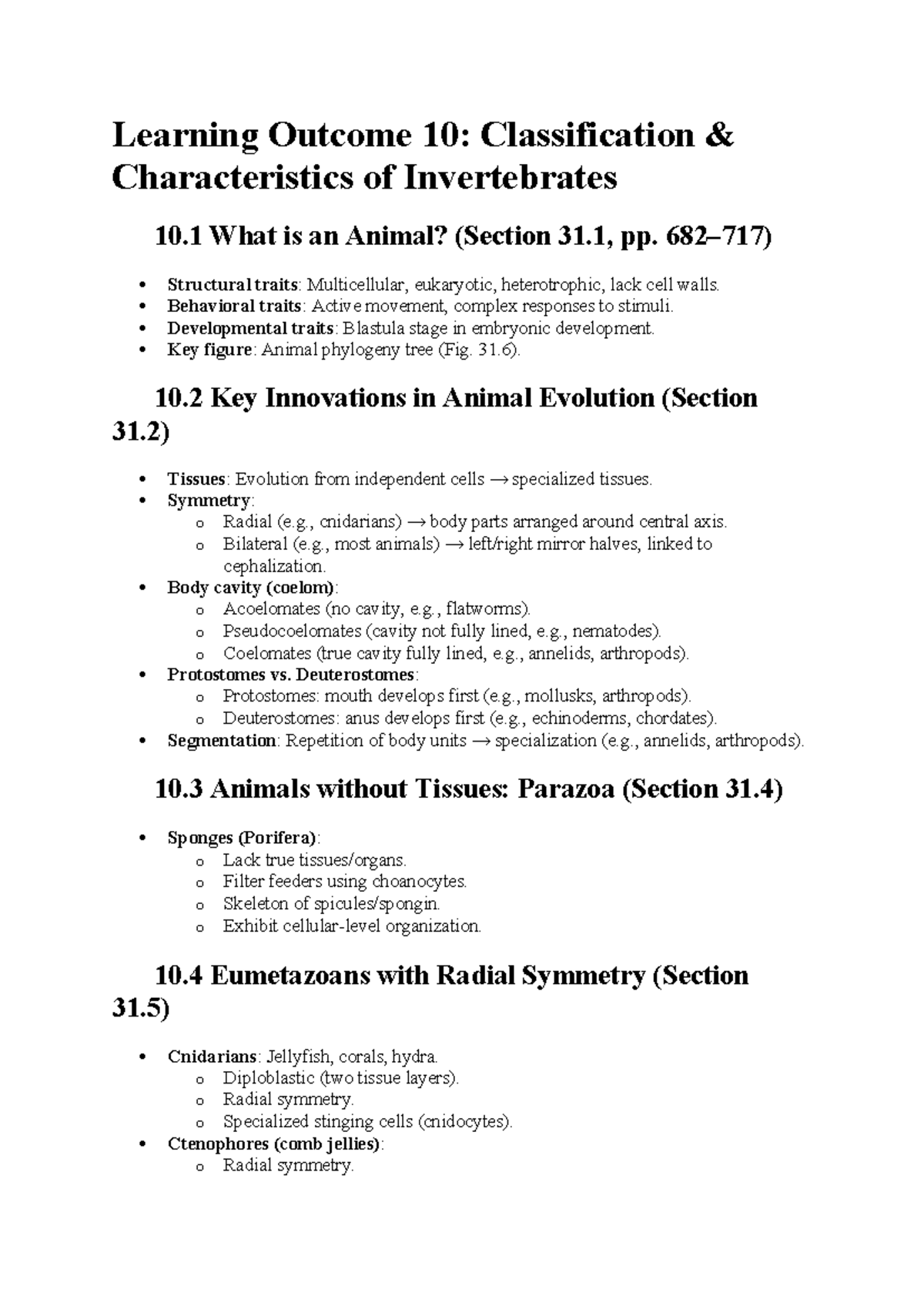 Chapter 31: Learning Outcome 10 - Invertebrate Classification Summary ...