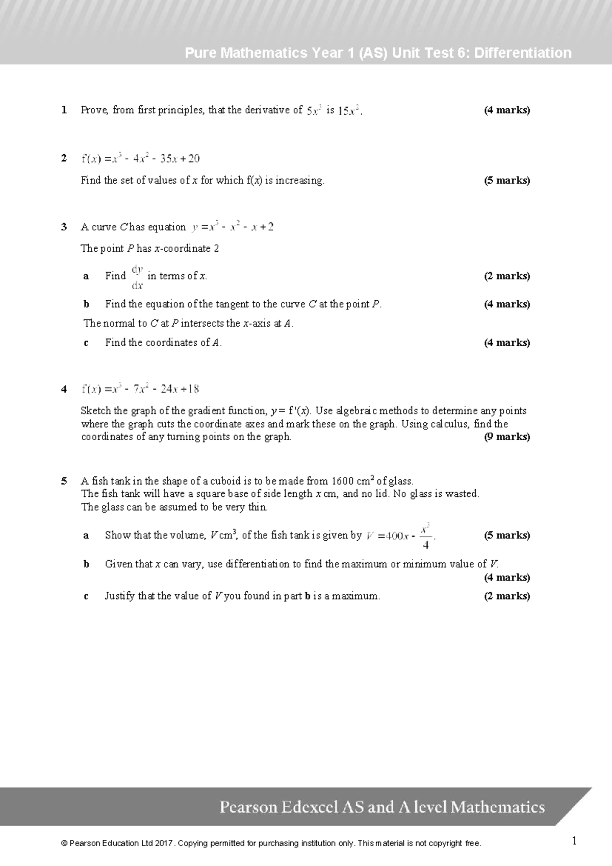 Unit 6 Test (AS) on Differentiation: Proving Derivatives & Applications ...