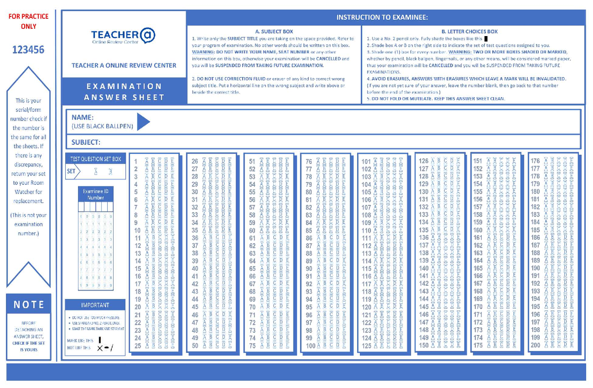 Answer Sheet Instructions for Exam - 200 Items - Studocu