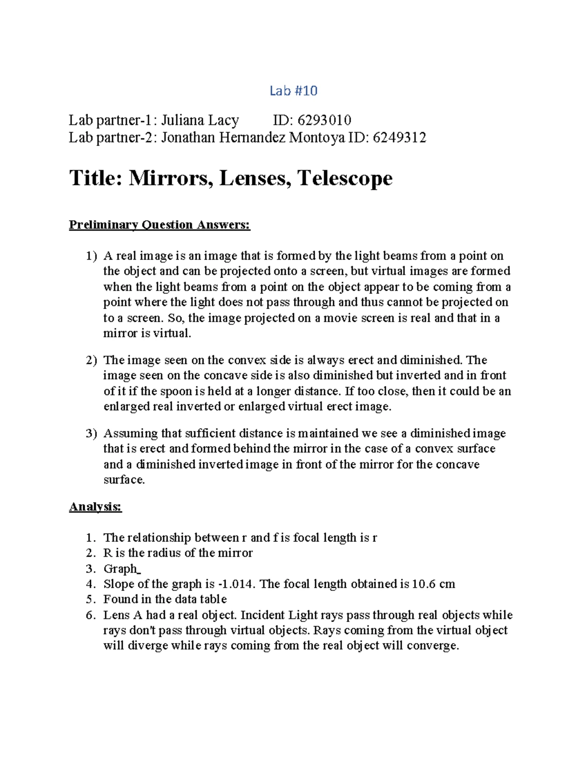 PHY2-Lab#11 - Physics Lab Report: Mirrors, Lenses & Telescope Analysis ...