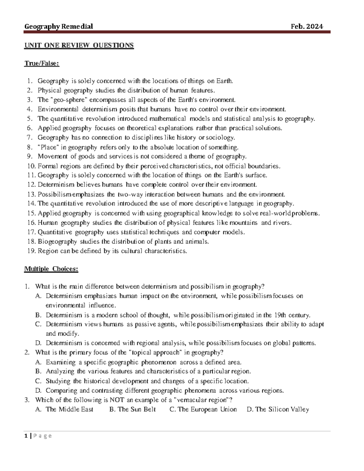 Geography Remedial Review: Unit One Questions and Answers - Studocu