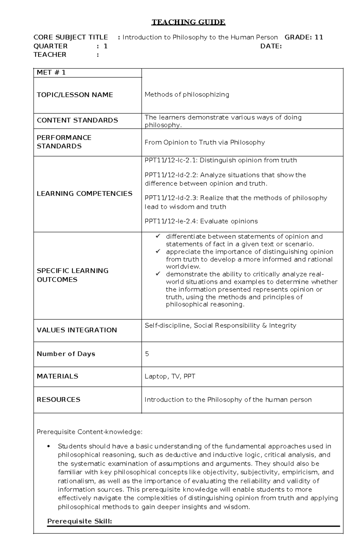Teaching Guide: Methods of Philosophizing (Grade 11, MET 1) - Studocu