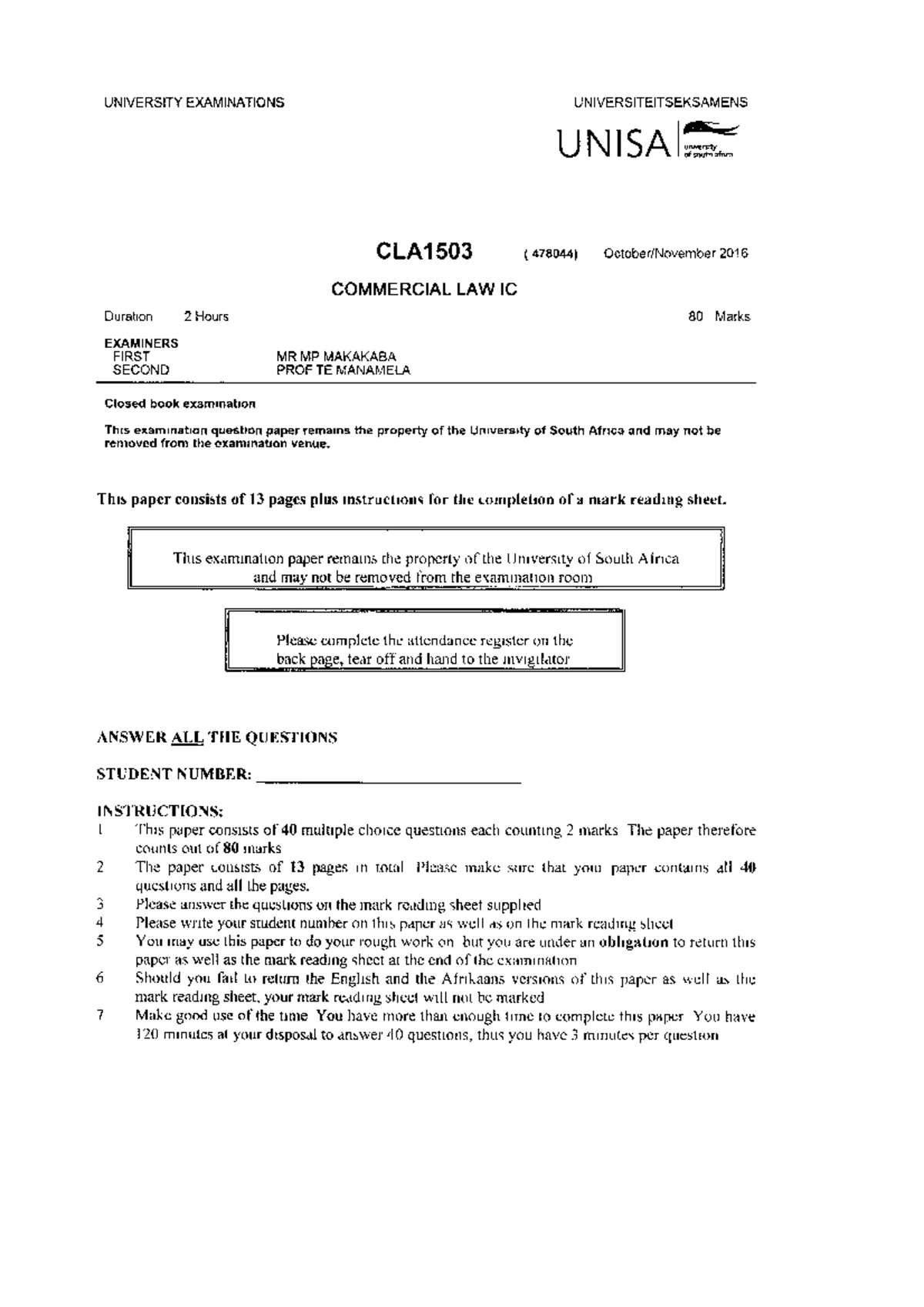 Oct Nov Exam Paper CLA1503 2016 10 E 1 - 98201 - Unisa - Studocu