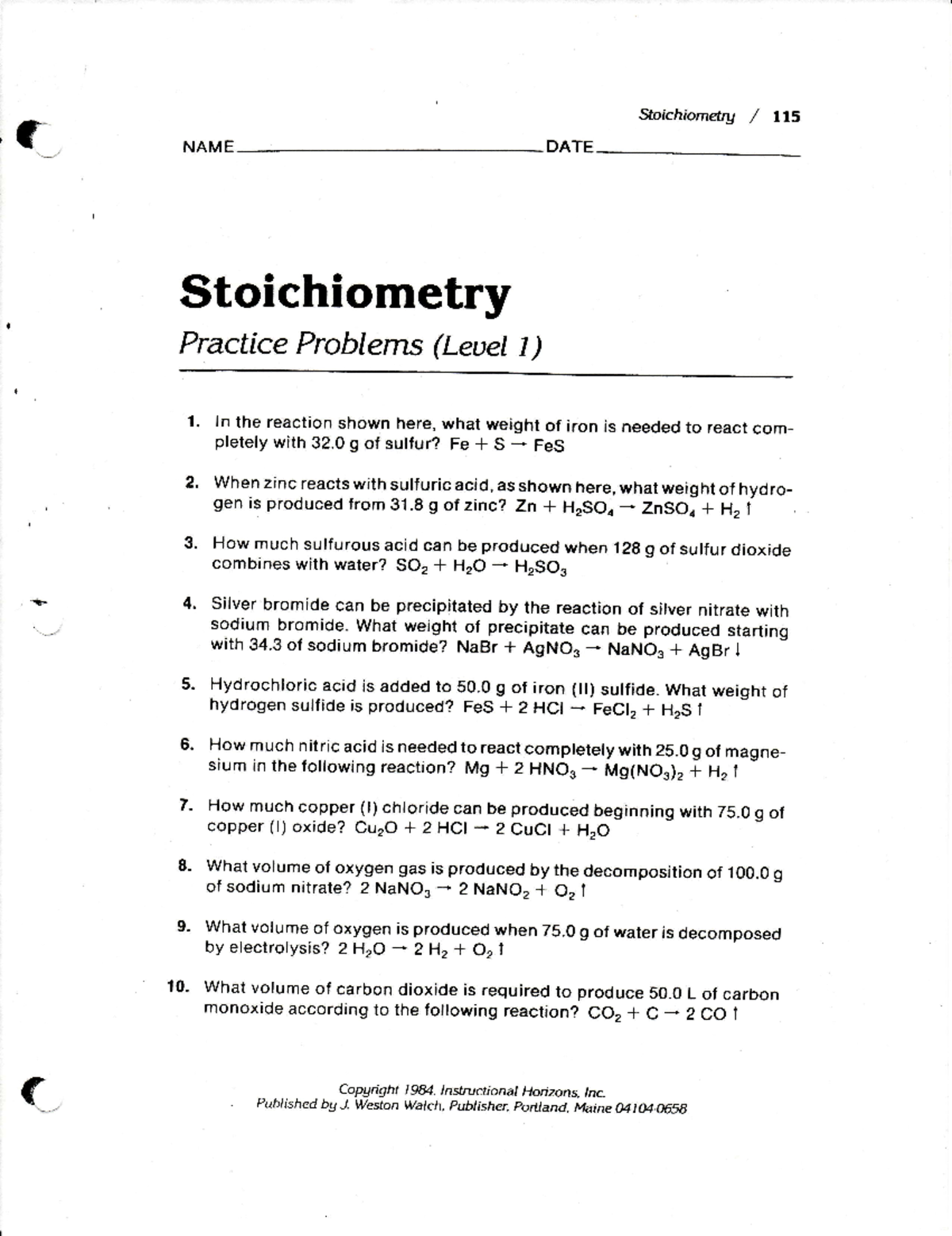Stoichiometry Prac Pro Level 1 - Stoichiometry / ll f NAME DATE ...
