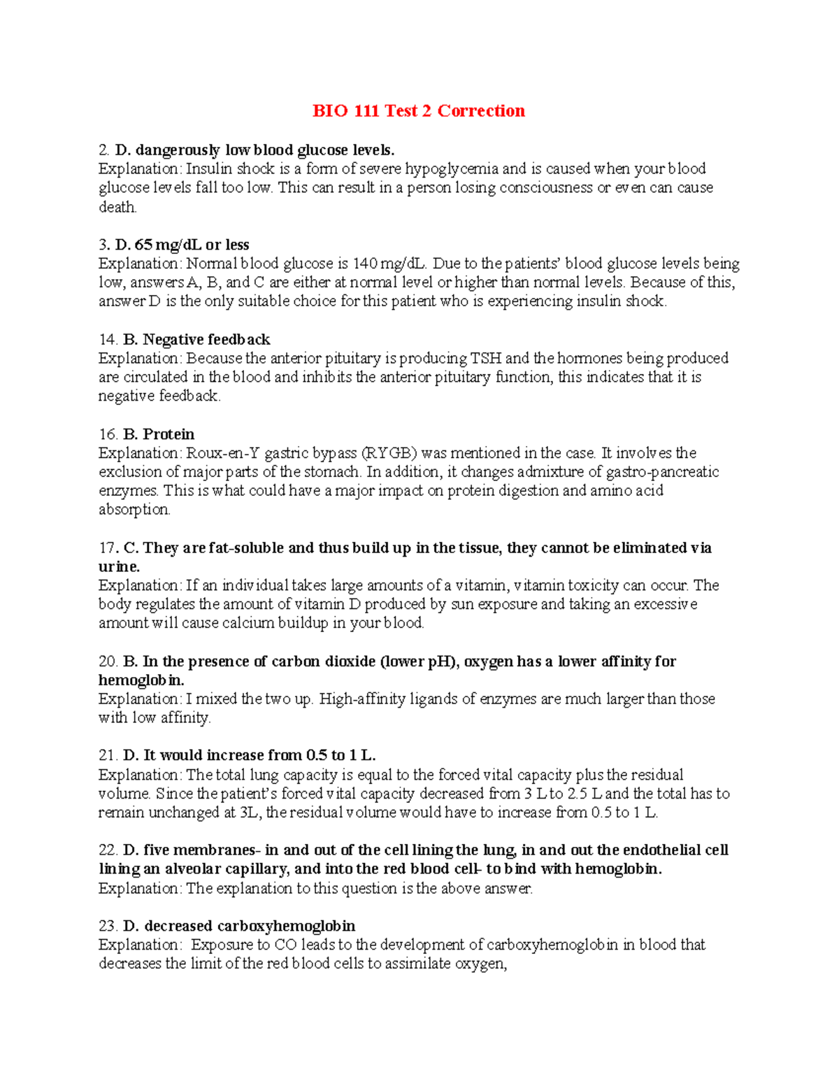 BIO 111 Test 2 Corrections and Explanations for Key Questions - Studocu