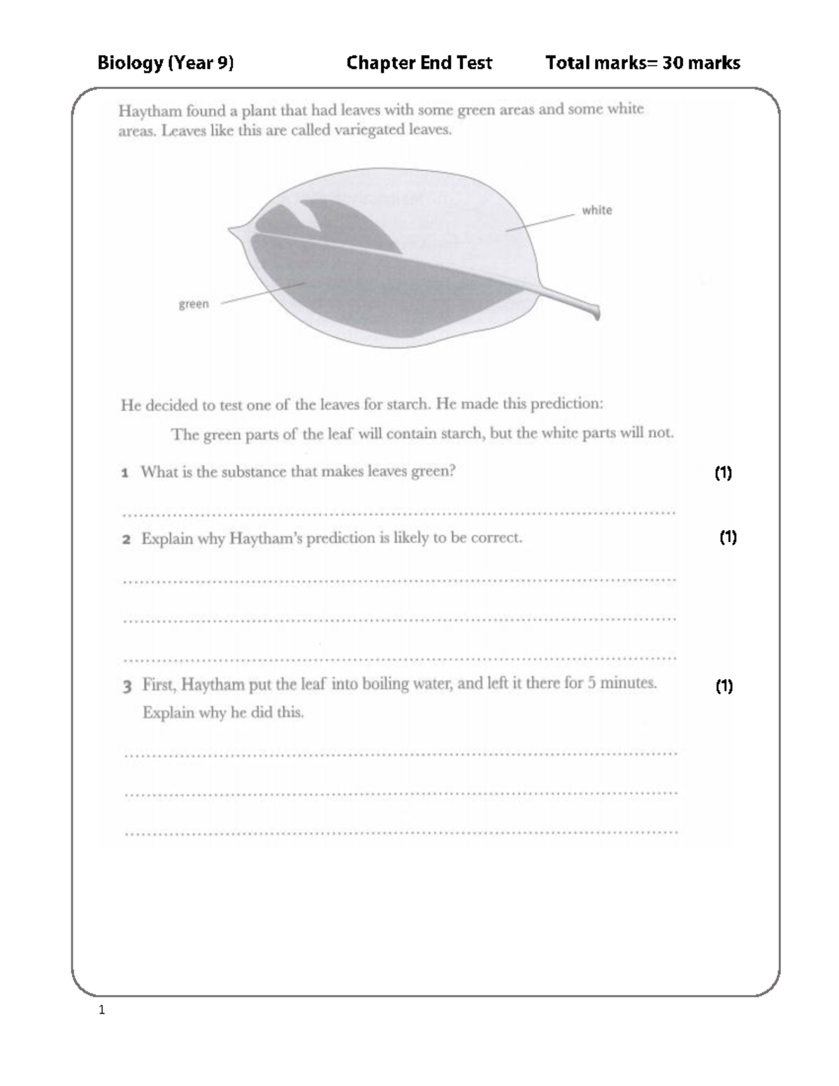 Biology (Year 9) Chapter End Test Review - Total 30 Marks - Studocu