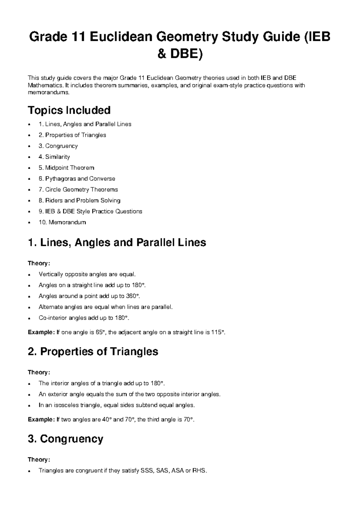 Grade 11 Euclidean Geometry Study Guide (IEB & DBE) - Studocu