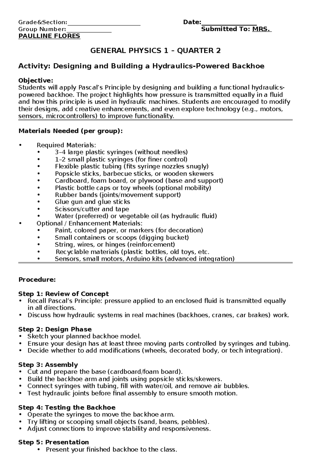 General Physics 1 Q2 Activity: Designing a Hydraulic Backhoe - Studocu