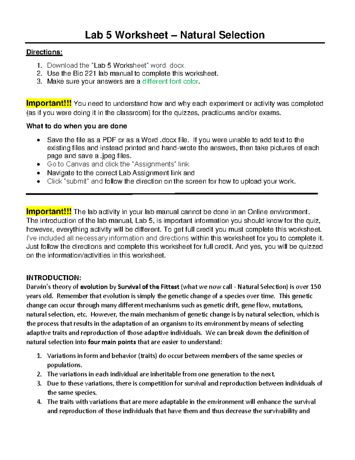 Biol 221 Lab 5 Worksheet: Understanding Natural Selection Principles ...