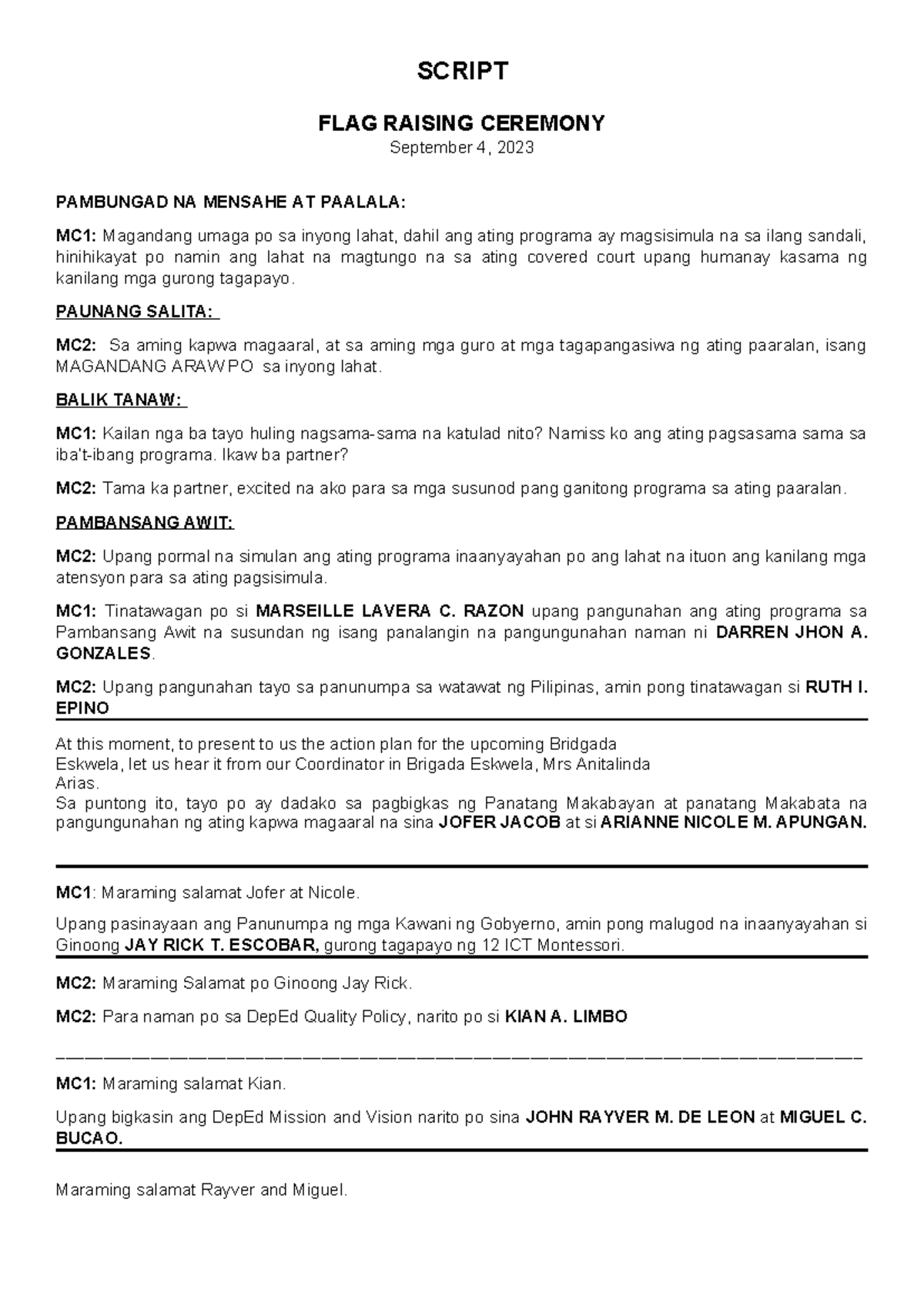 FLAG Raising Ceremony Script - September 4, 2023 - Studocu