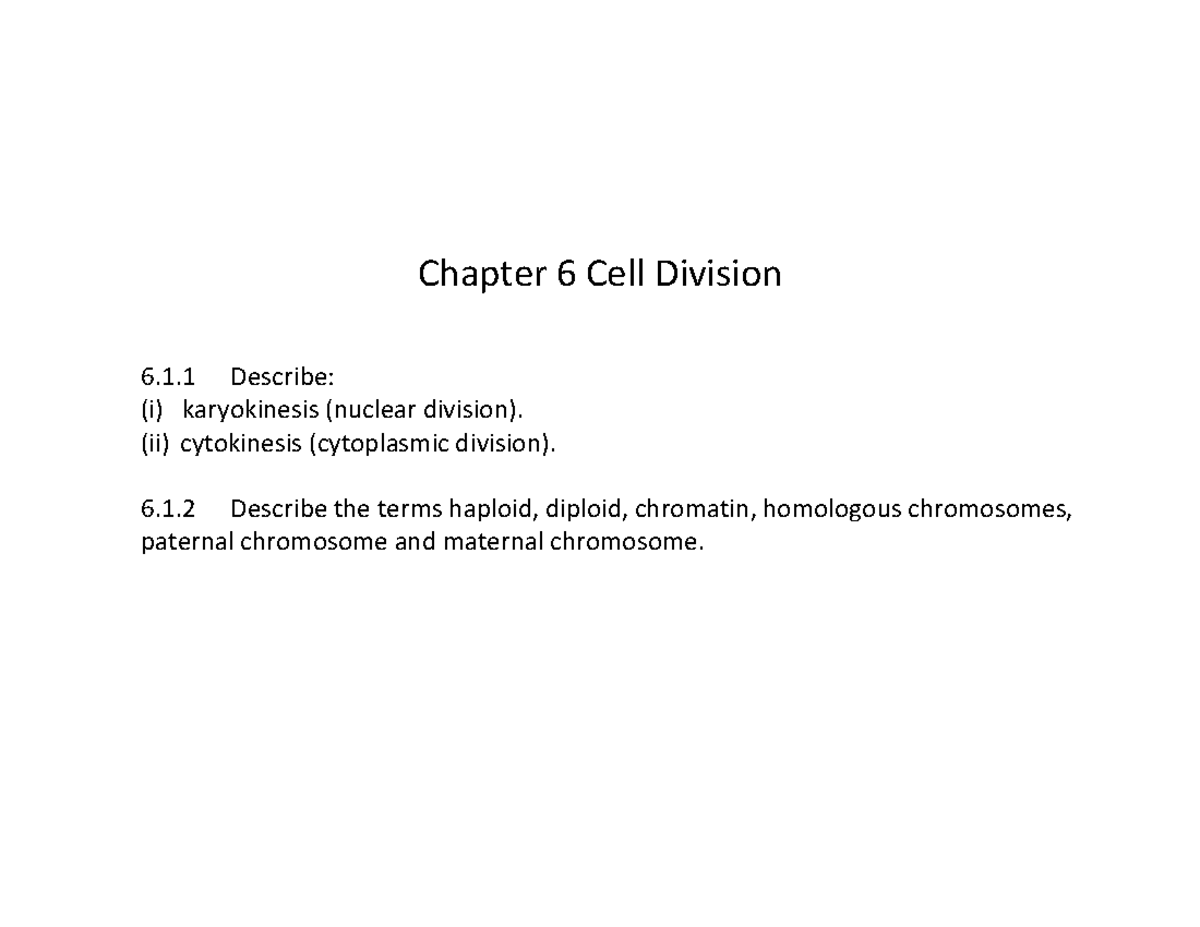 Chapter 6 Notes on Cell Division: Karyokinesis & Cytokinesis - Studocu