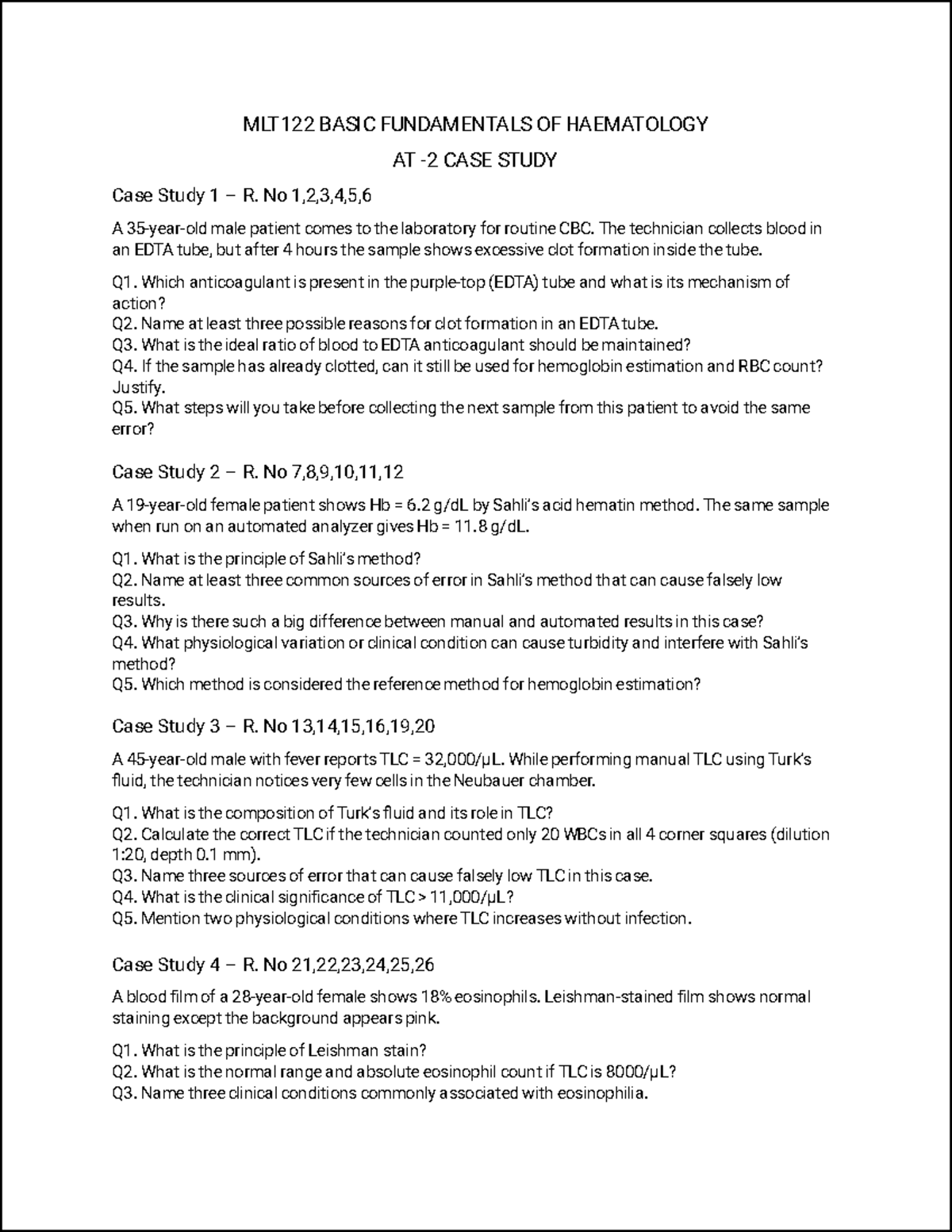 MLT122 Case Study: Fundamentals of Haematology Analysis - Studocu