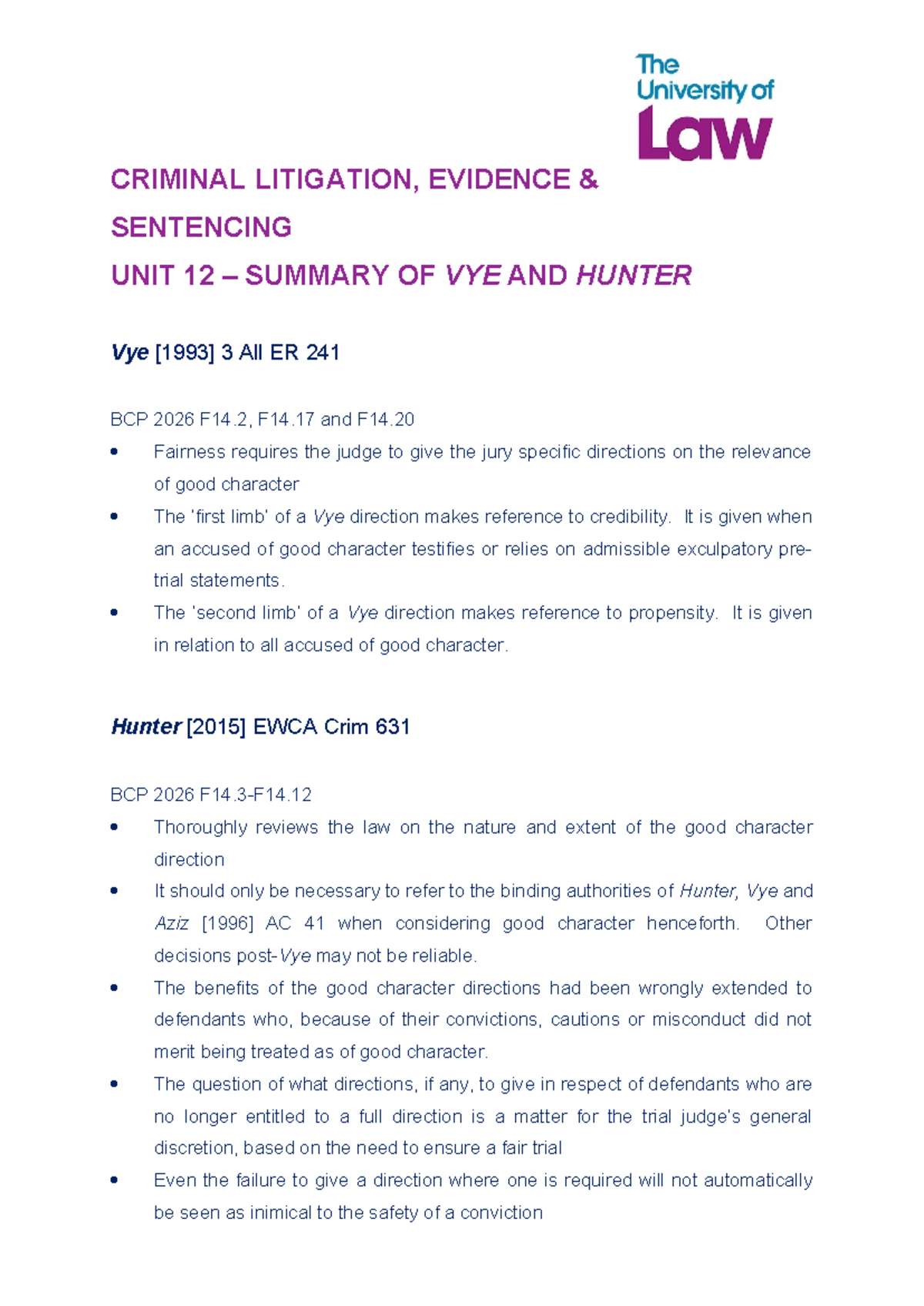CRIM 2526 Unit 12 Summary: Vye & Hunter Good Character Directions - Studocu