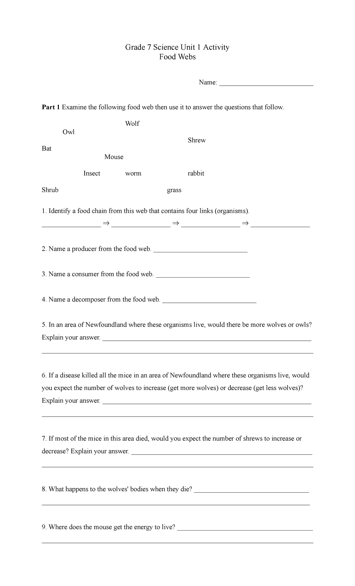Grade 7 Science Unit 1: Food Web Worksheet - Summary C++ - Studocu
