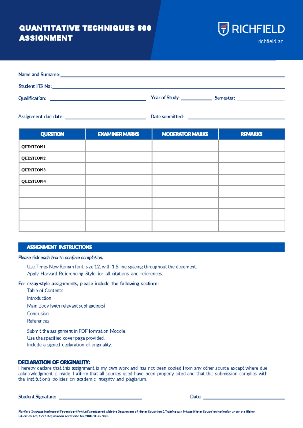 Quantitative Techniques 600 Assignment Guidelines and Questions - Studocu