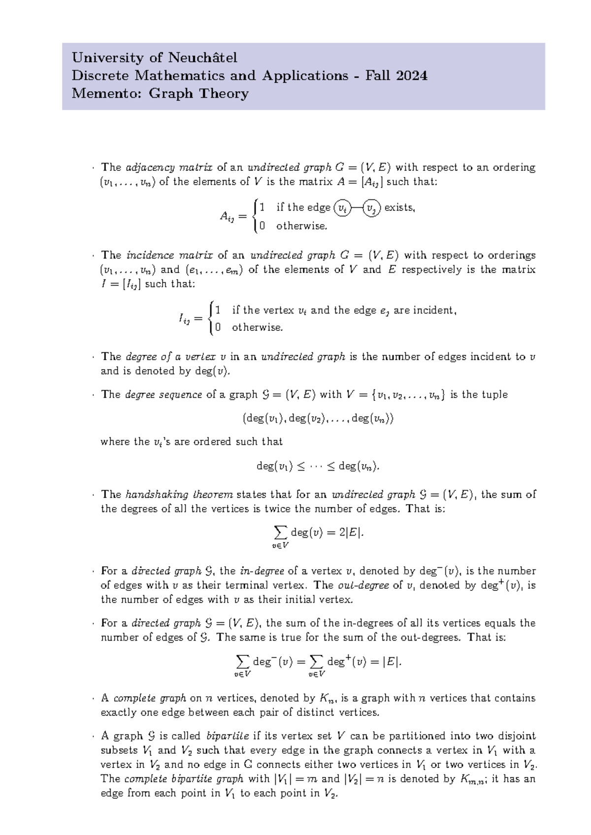 University of Neuchâtel Discrete Mathematics Fall 2024 Memento: Graph ...