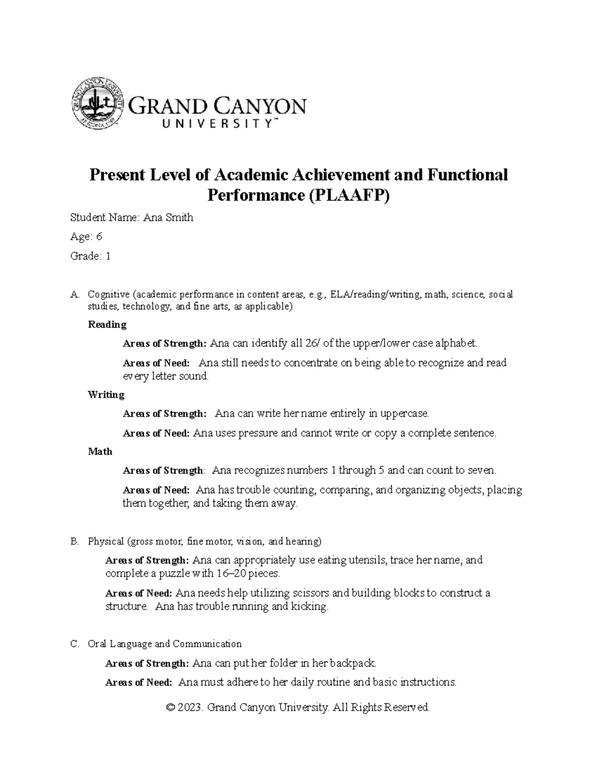 ECS 435 PLAAFP for Ana Smith: Academic, Physical & Social Assessment ...