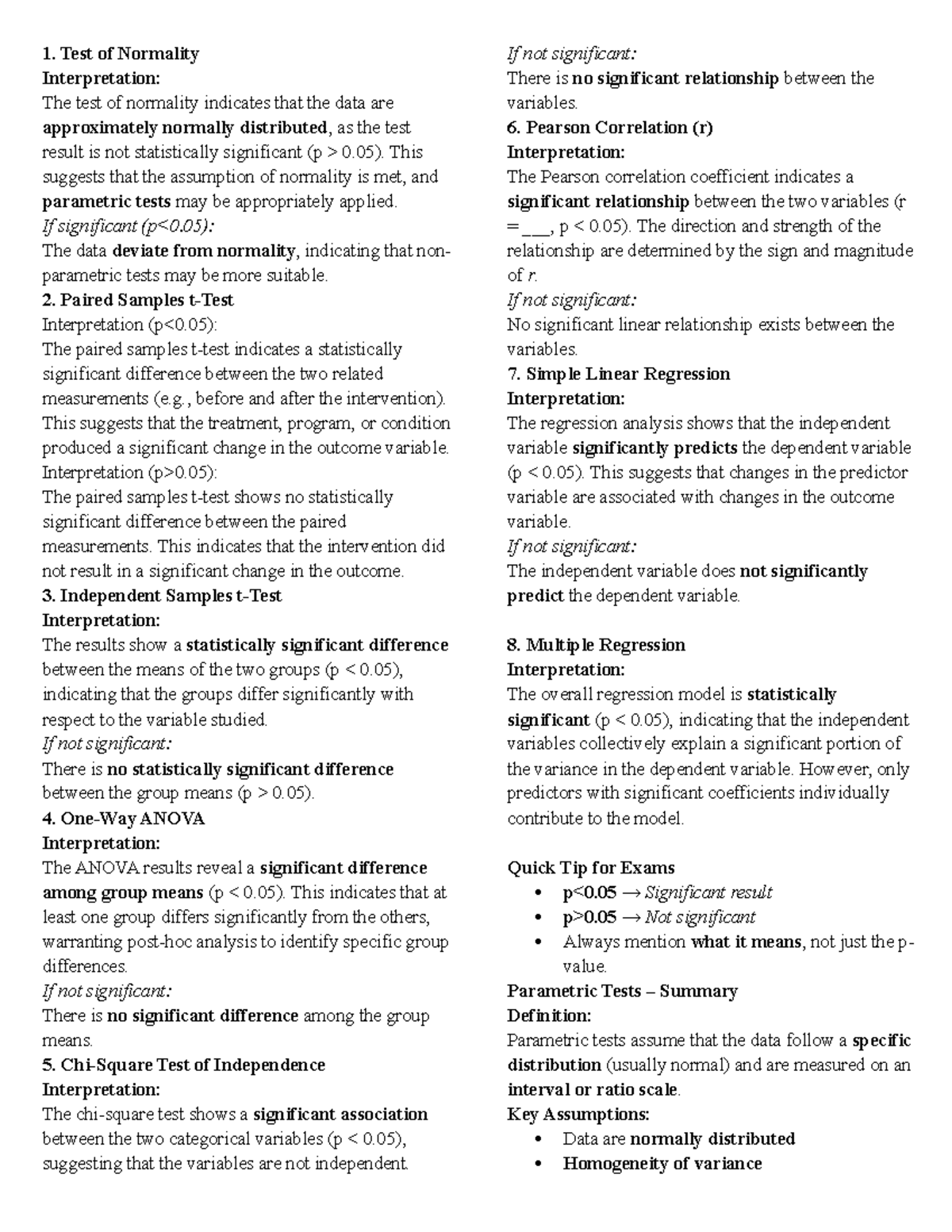 Statistical Tools Summary: Normality, Paired & Independent Tests - Studocu