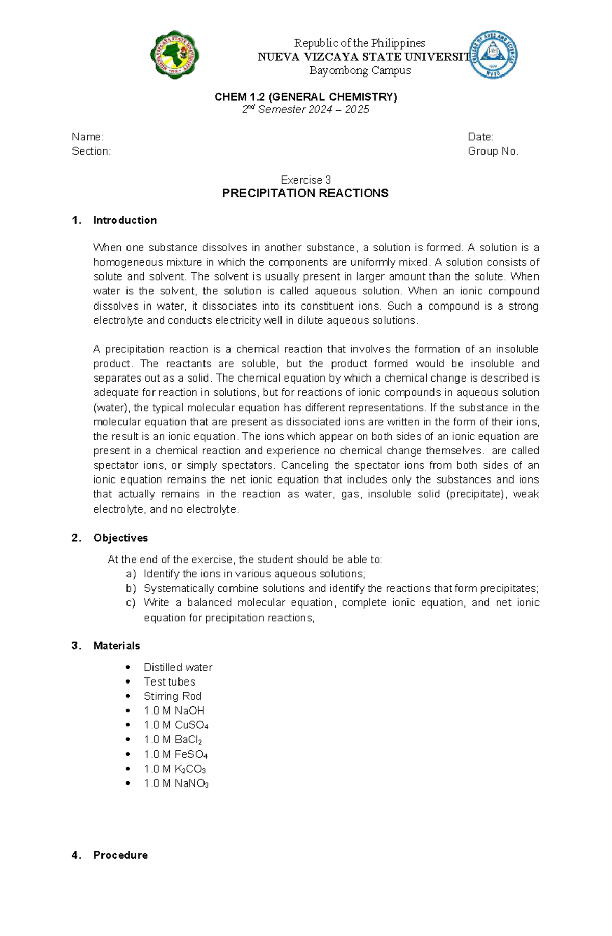 CHEM 1.2 Lab Exercise 3: Precipitation Reactions Analysis - Studocu