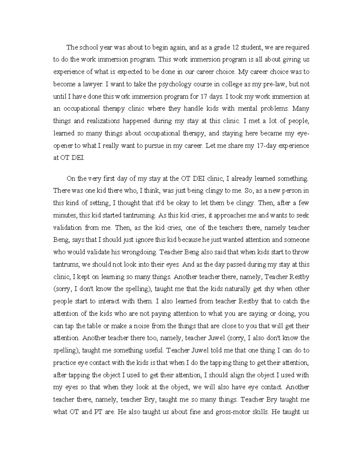 Grade 12 Work Immersion Program: My 17-Day Journey at OT DEI - Studocu