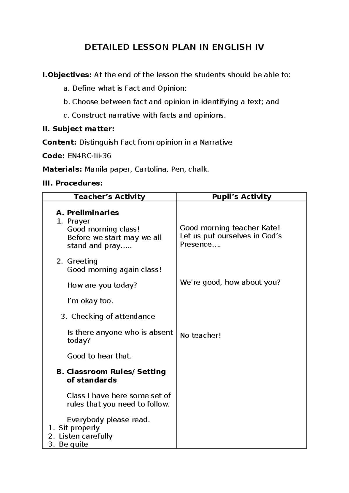 ENGLISH IV: DETAILED LESSON PLAN ON FACTS AND OPINIONS - Studocu