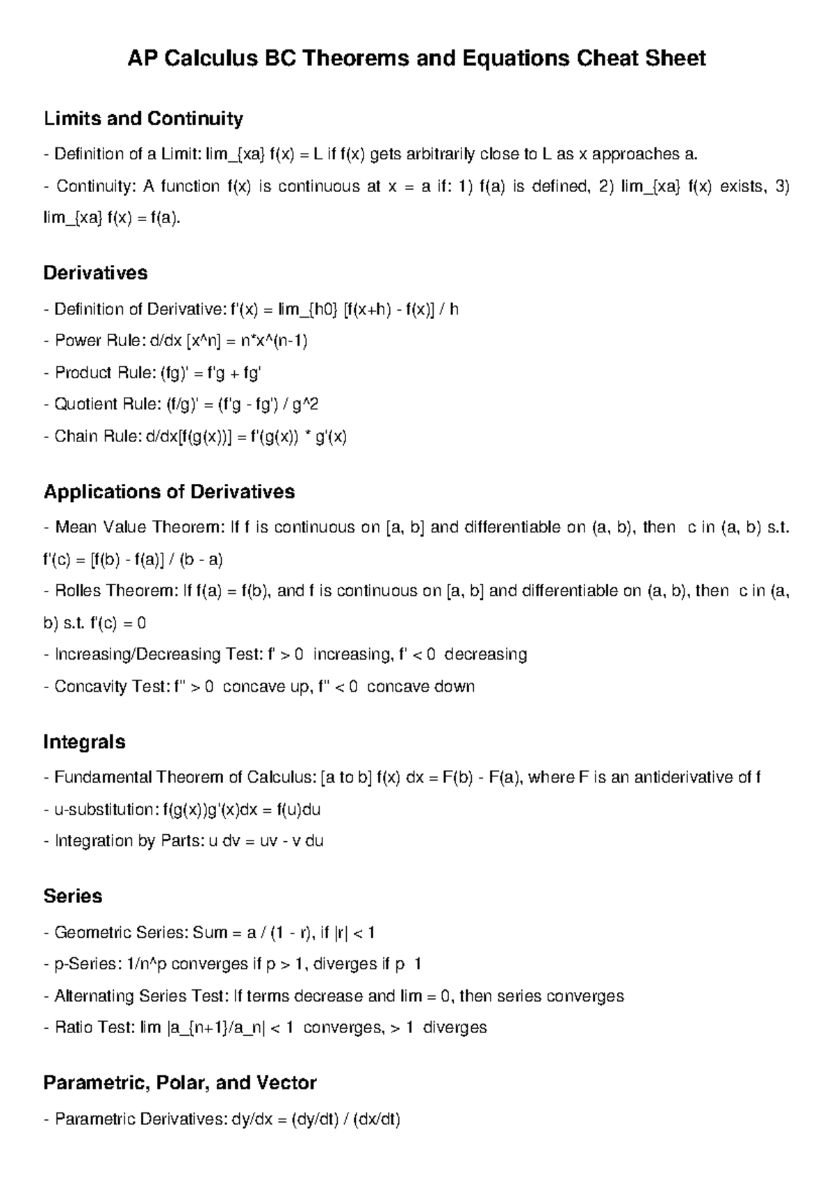 AP Calculus BC Theorems and Equations Cheat Sheet - Studocu