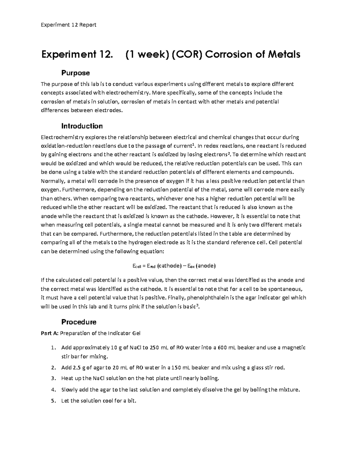Corrosion of Metals Lab Report - Experiment 12. (1 week) (COR ...