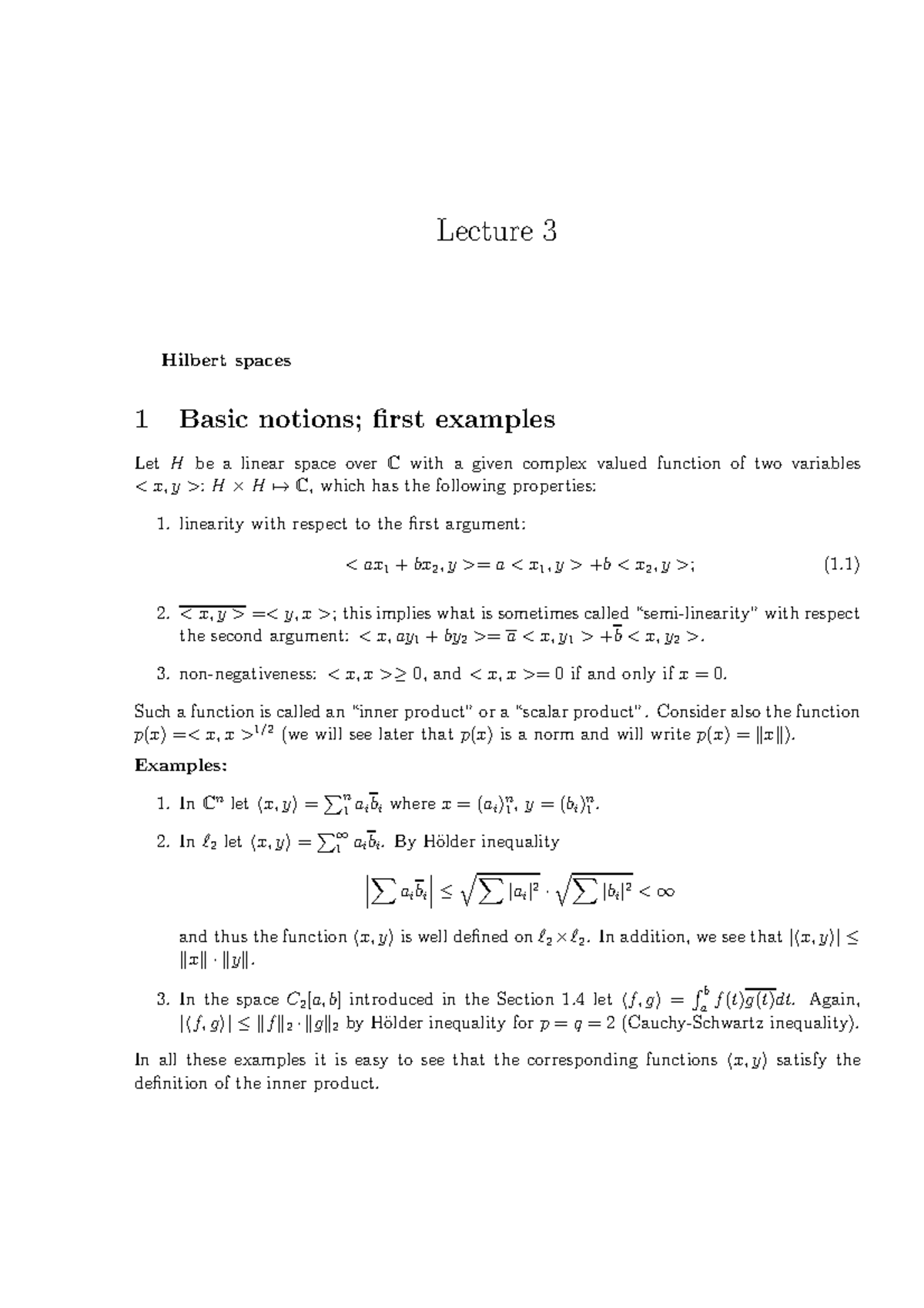 Lecture 3: Introduction to Hilbert Spaces and Inner Products - Studocu