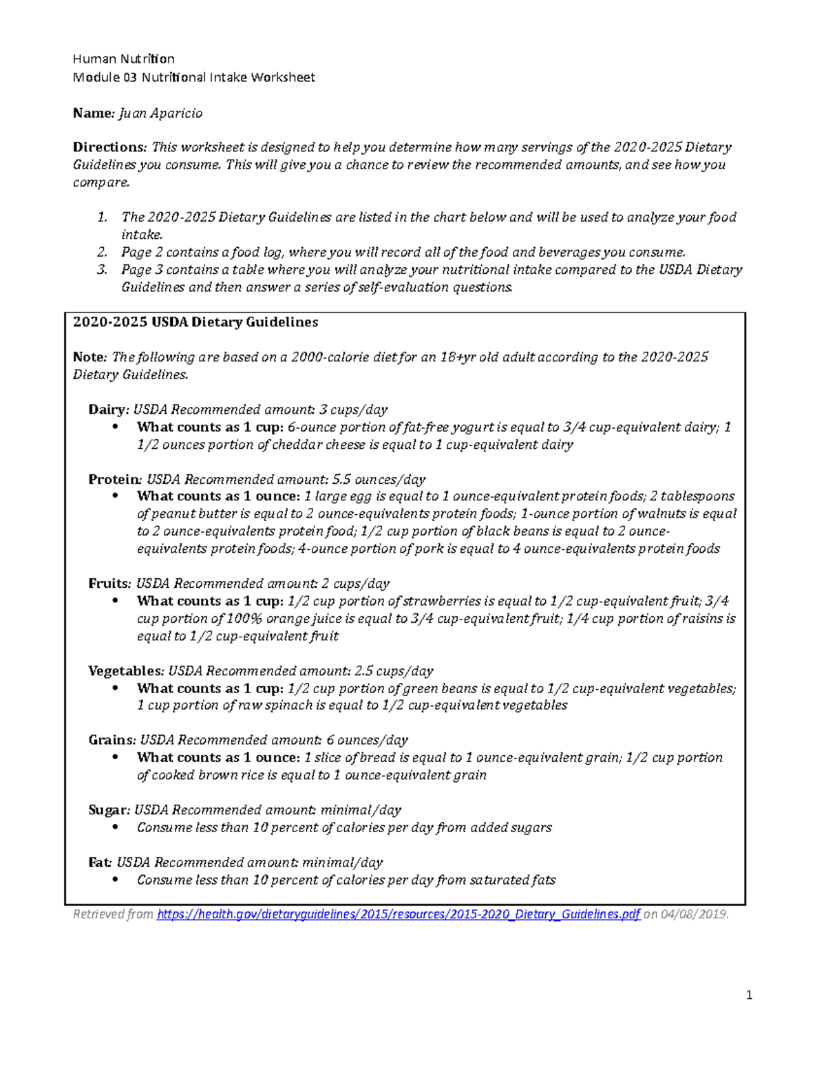 Module 03 Assignment: Nutrient Intake Tracking & Reflection - Studocu