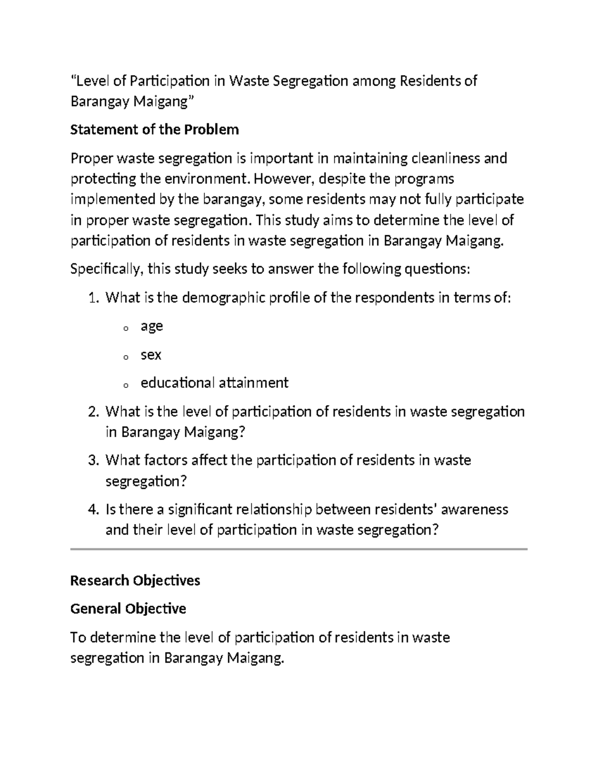Thesis Proposal: Level of Participation in Waste Segregation in ...