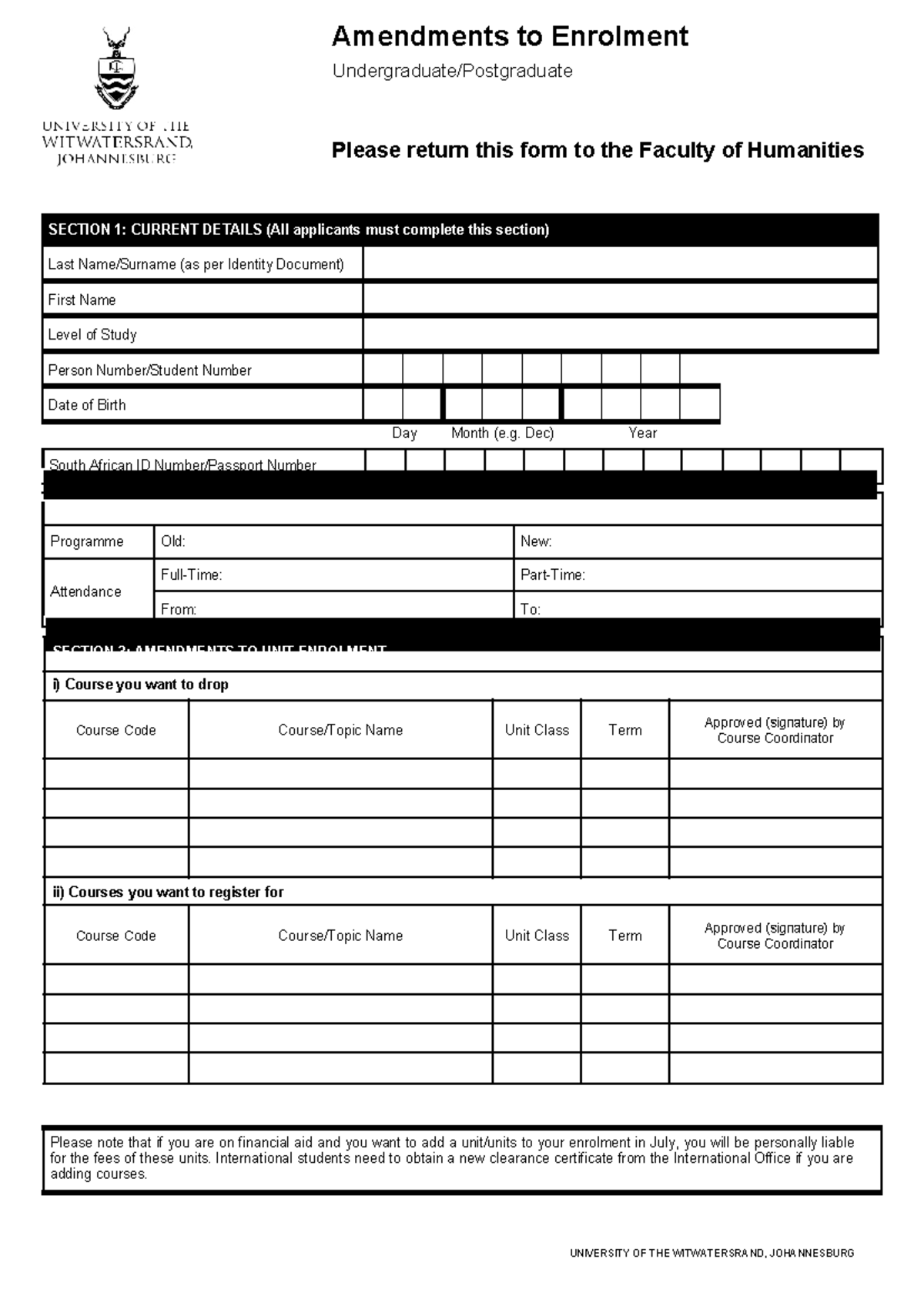 Amendment Form - ammendment form - Amendments to Enrolment ...