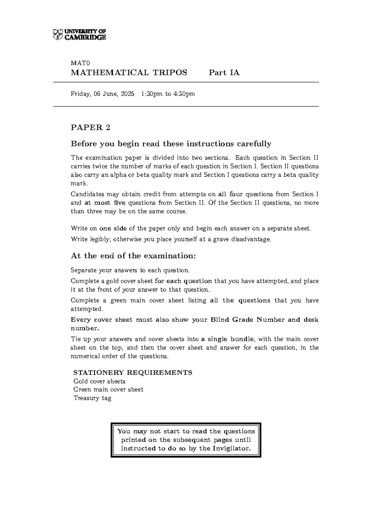 MAT0 MATHEMATICAL TRIPOS Part IA Paper 2 Exam Instructions and ...